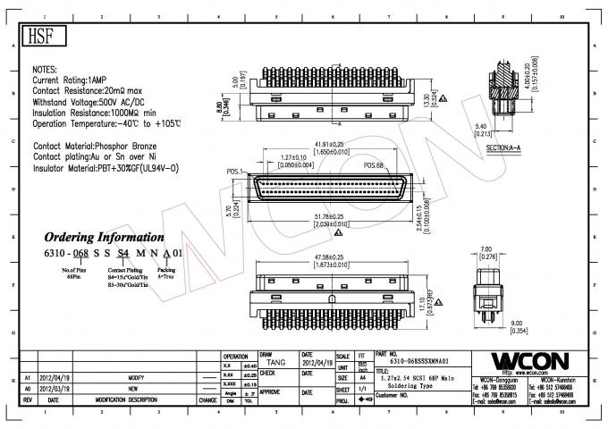 1.27*2.54 Pitch scsi 68 pin connector male computer pin connectors ...