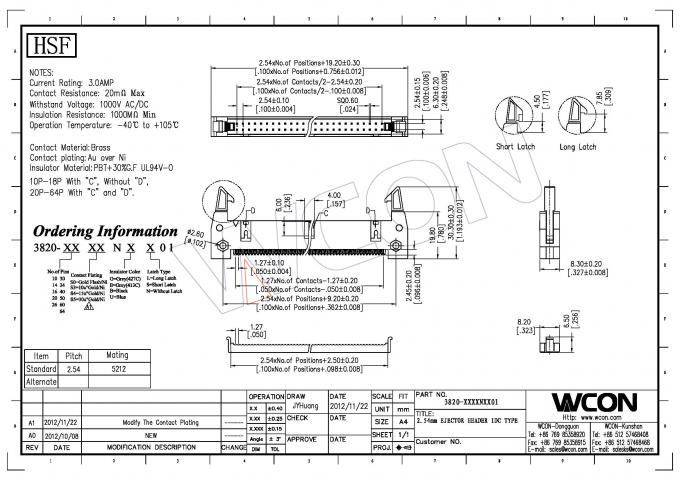 Pierced Line Latch Header Type Pin Header Connector , Right Angle 2.54 ...