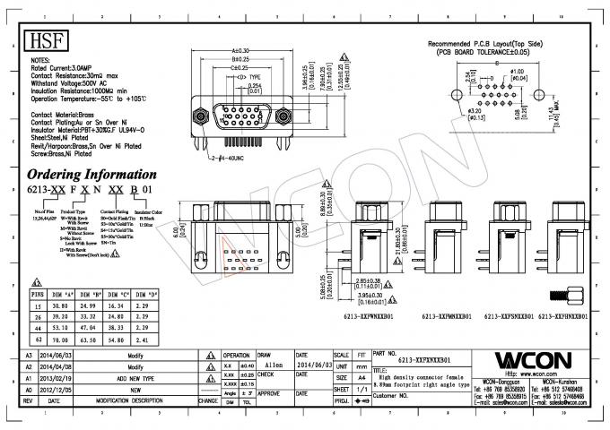 WCON D-SUB DB 44P Connector Female Right anglefor PCB type PBT Black ...