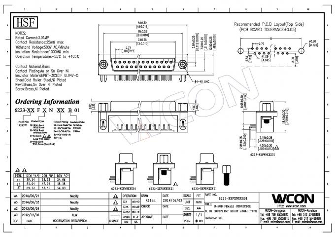 WCON DB25 Connector Right Angle 25 Pin Female Connector For PCB PBT ...