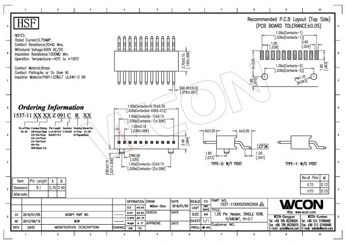 90° SMT 1 Mm Pitch Pin Header Connector / Single Row Pin Header