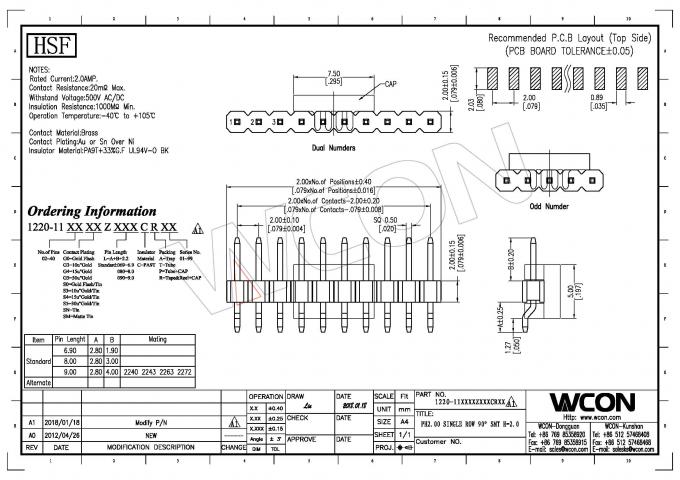 PA9T Male Header Connector , 2.54mm Pitch Dual Row Smt Header Connector