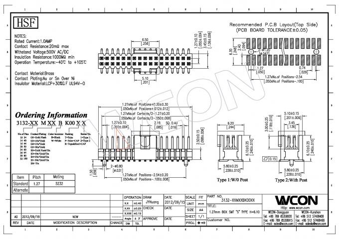 1.27mm Box Header, SMT Type, with Fork&Cap, H=5.7mm, Gold Flash Plating