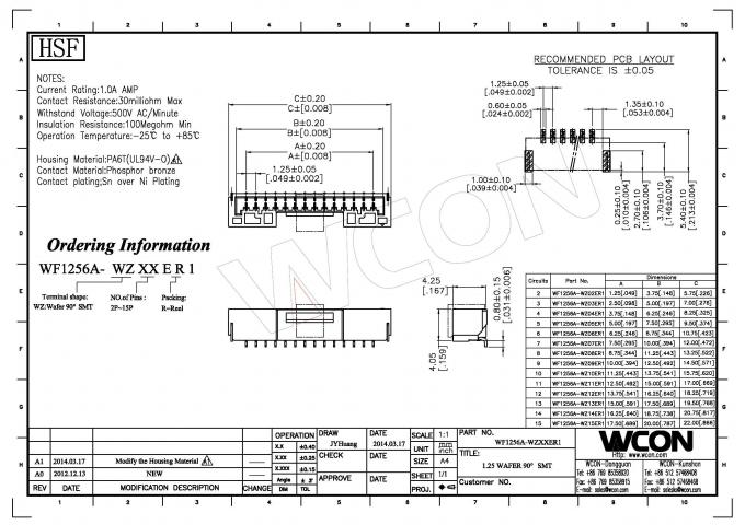 1.25 Mm Pitch Connectors Right Angle SMT Wafer Wire To Board Connector